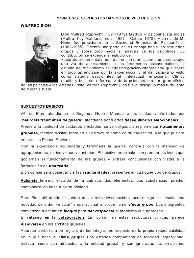 Supuestos Básicos de Wilfred Bion | PDF | Psicoanálisis | Psique ...