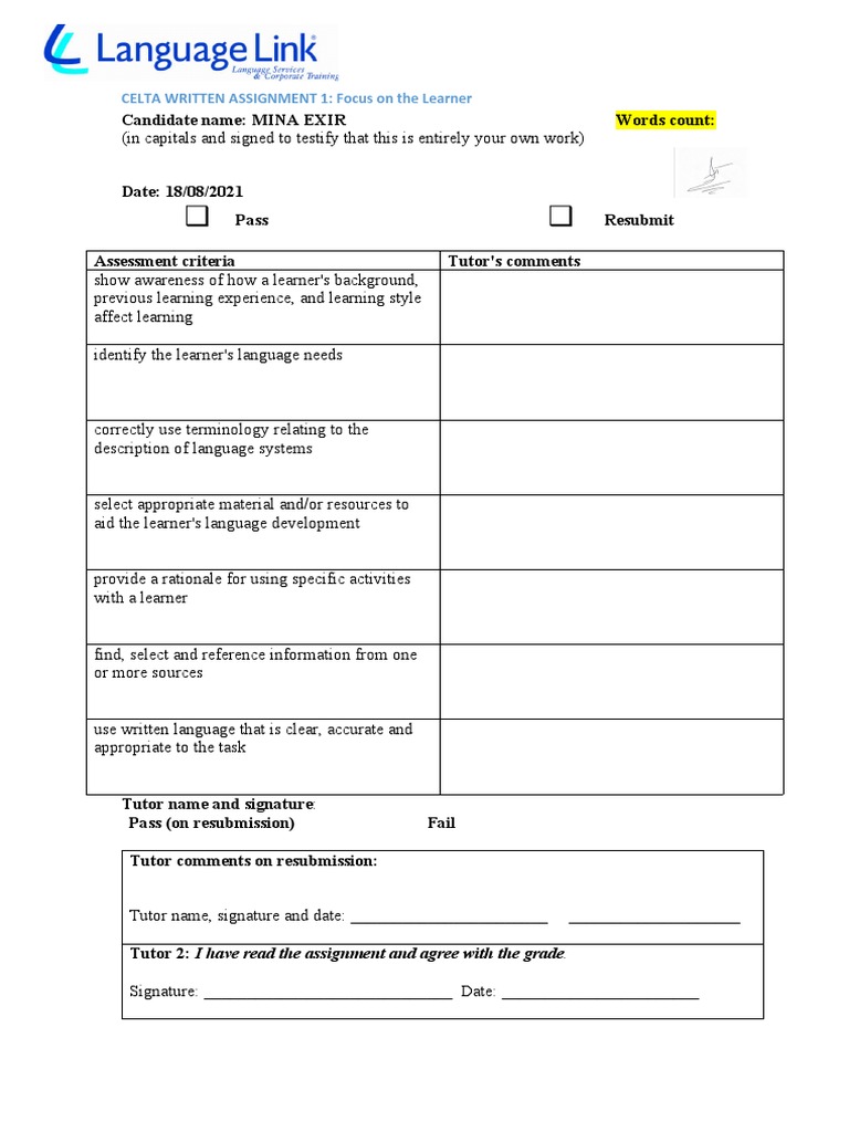 CELTA WRITTEN ASSIGNMENT 1: Focus On The Learner | PDF | Learning ...