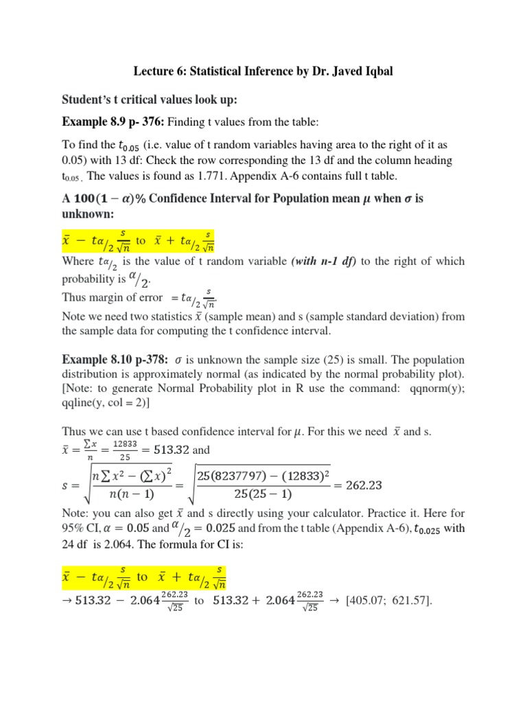 Student's T Critical Values Look Up:: Lecture 6: Statistical Inference by Dr. Javed Iqbal | PDF ...