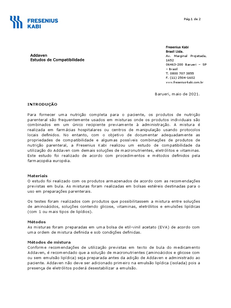 Compatibilidade do Addaven em Nutrição Parenteral | PDF | Nutrientes ...
