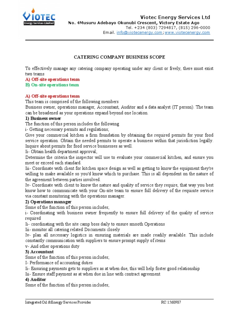 Catering Services Business Scope | PDF | Supply Chain | Hygiene