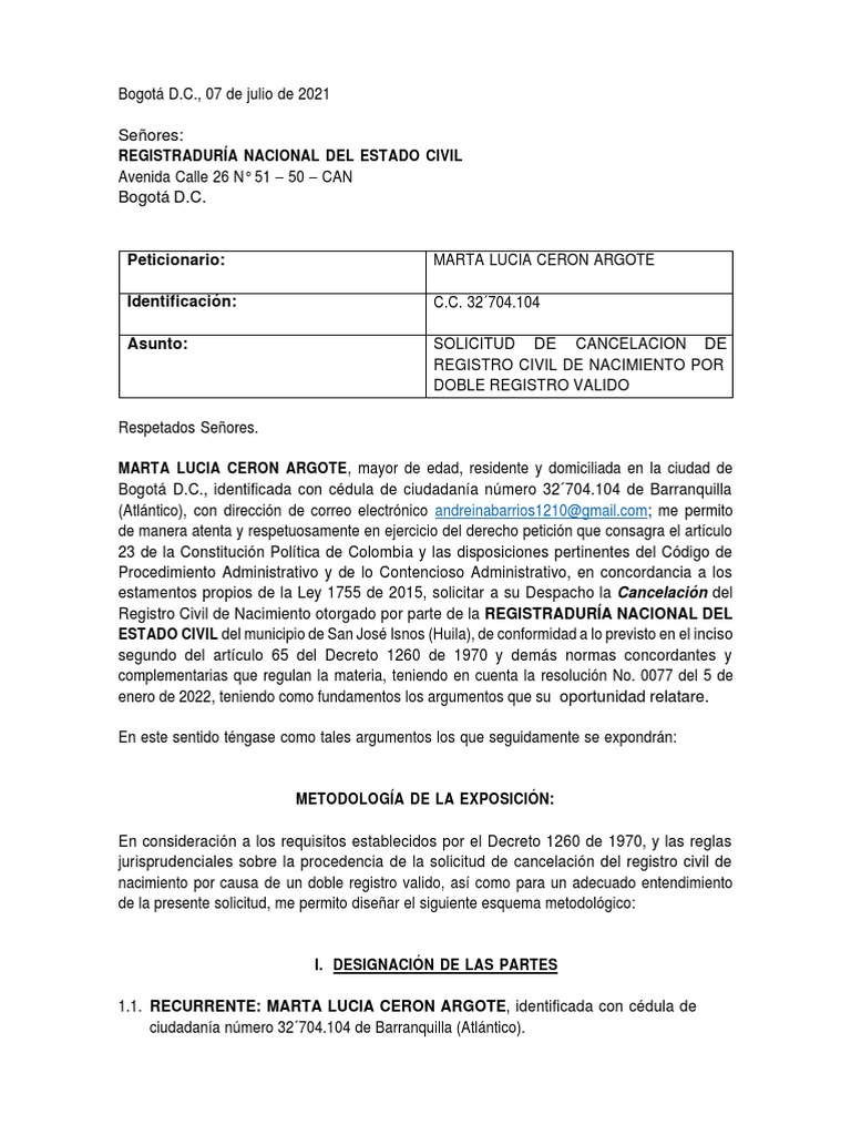 Solicitud de Cancelación de Registro Civil de Nacimiento Por Doble ... Solicitud de Cancelación de Registro Civil de Nacimiento Por Doble ...