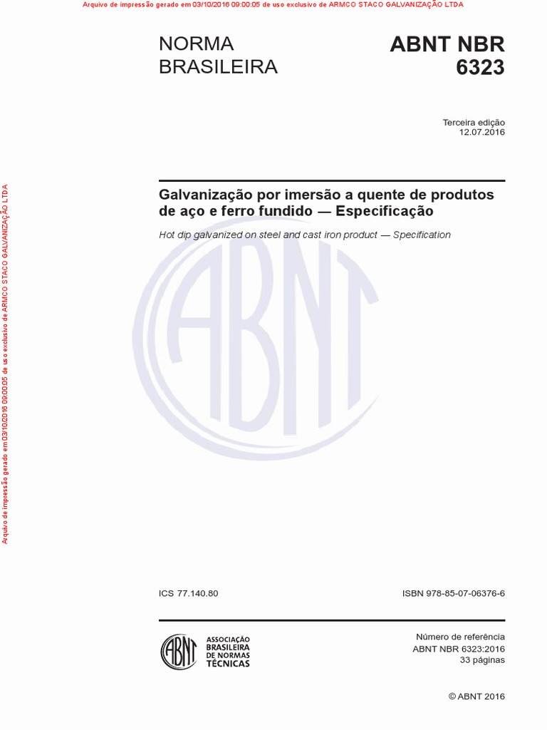 Abnt NBR 6323 (2016) | PDF | Galvanização | Metais