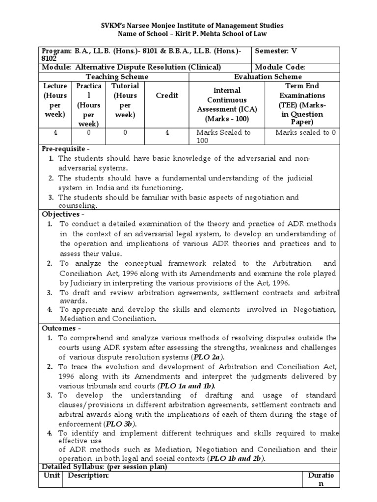 Course Outlines - Sem V - ADR (Clinical) | PDF | Alternative Dispute Resolution | Arbitration