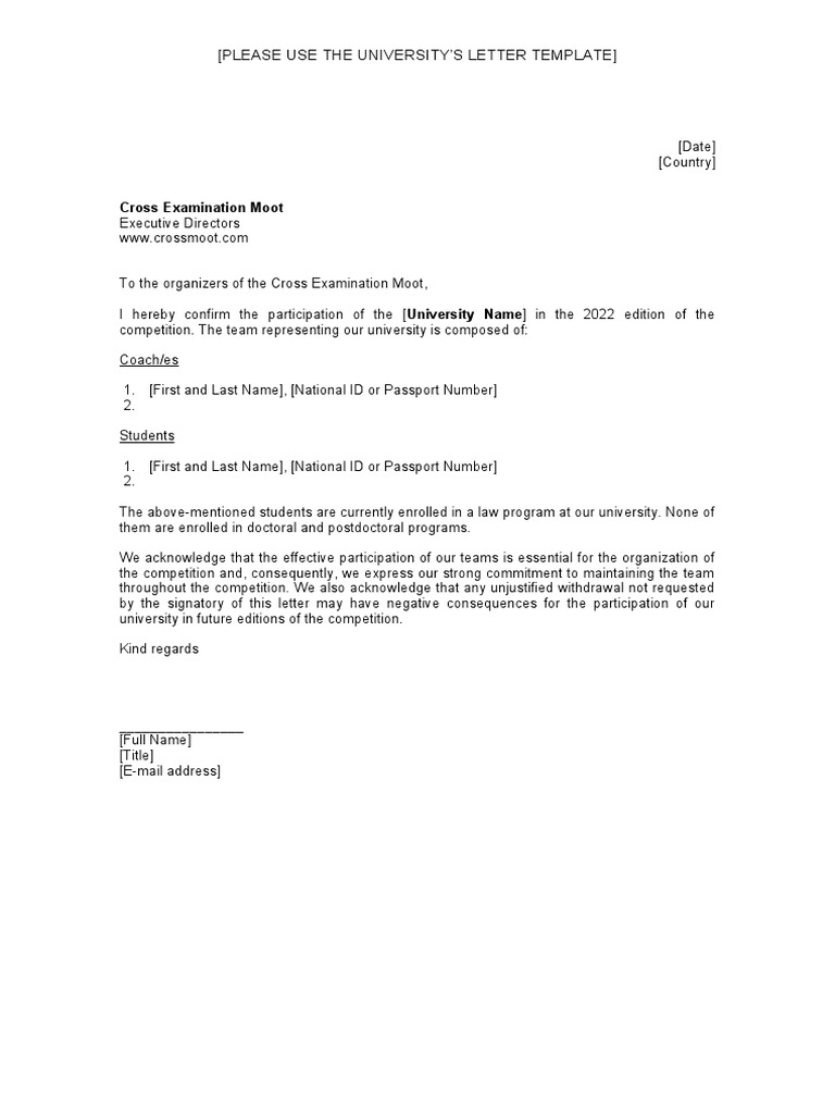 Cross Examination Moot: (Please Use The University'S Letter Template) | PDF