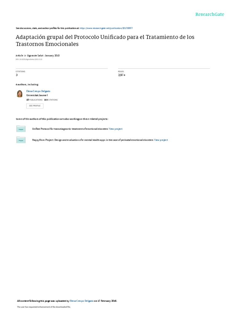 Adaptacion Grupal Del Protocolo Unificado para El | PDF | Psicoterapia | Las emociones