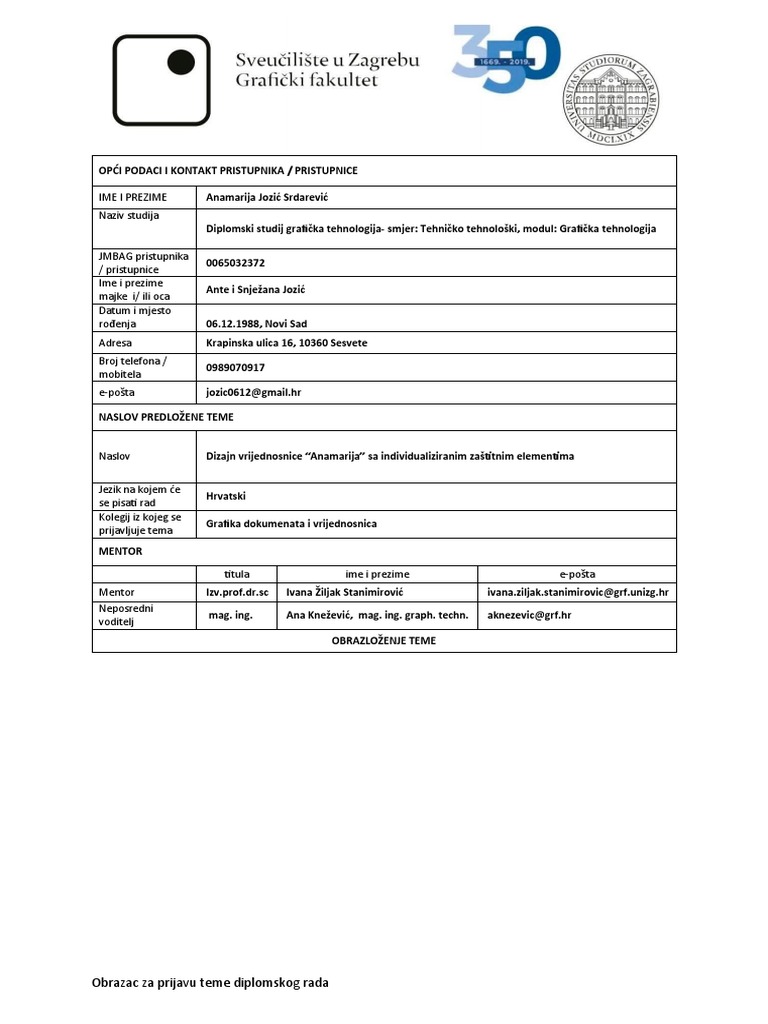 Anamarija Jozic Srdarevic - Obrazac - Za - Prijavu - Teme - Diplomskog ...