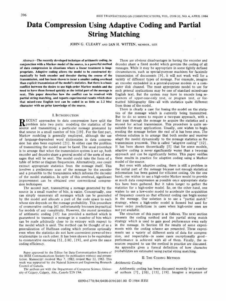 Data Compression Using Adaptive Coding and Partial String Matching | PDF | Discrete Fourier ...