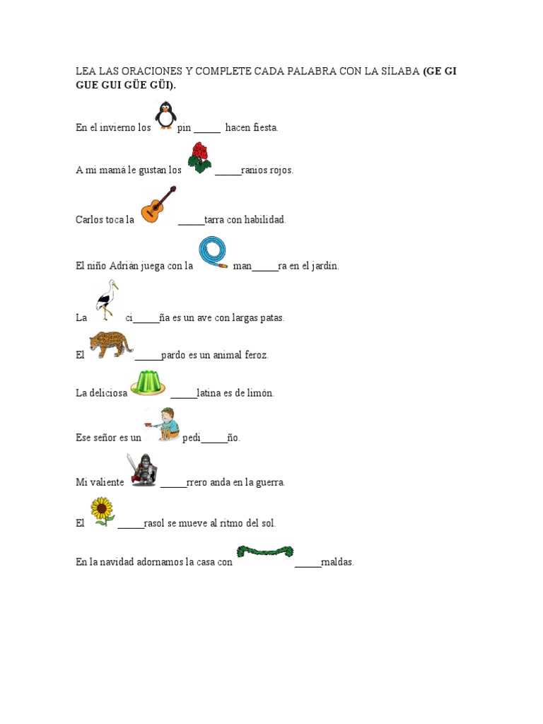 Oraciones Ge Gi Gue Gui Güe Güi Pictogramas | PDF
