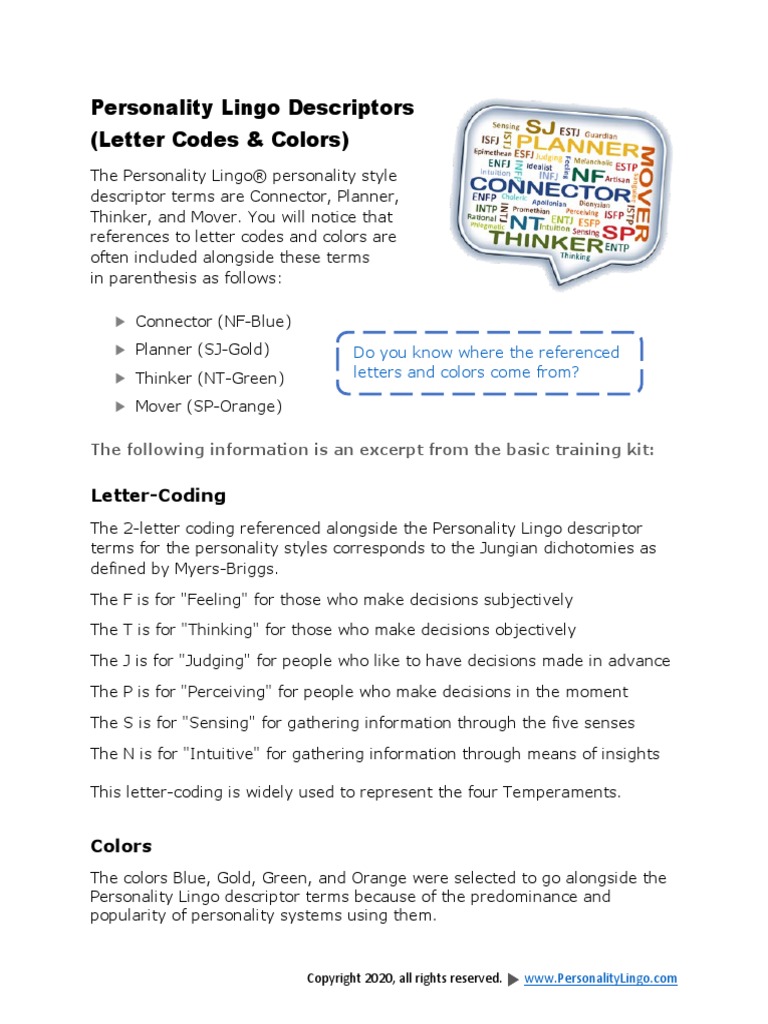 Personality Lingo Descriptors (Letter Codes & Colors) | PDF ...