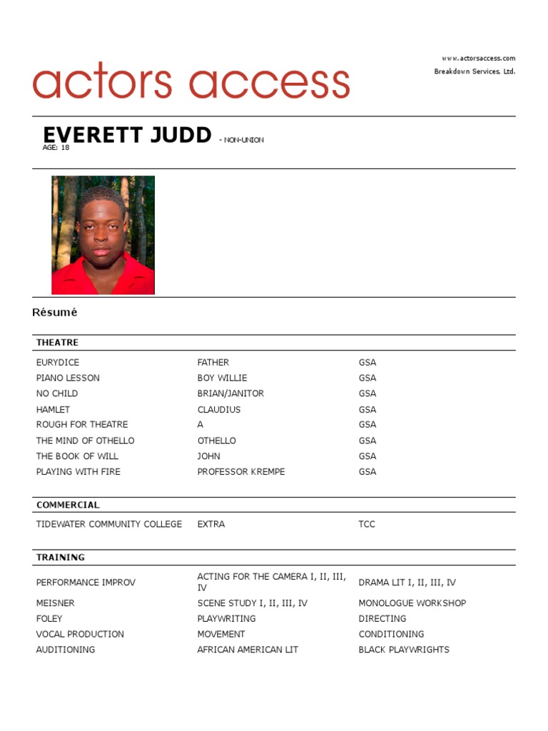 EVERETT JUDD - Resume - Actors Access | PDF | Acting | Performing Arts