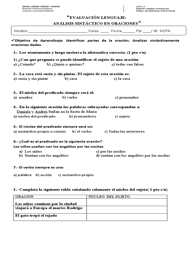 PRUEBA Tercero Partes de La Oración | PDF | Asunto (gramática ...