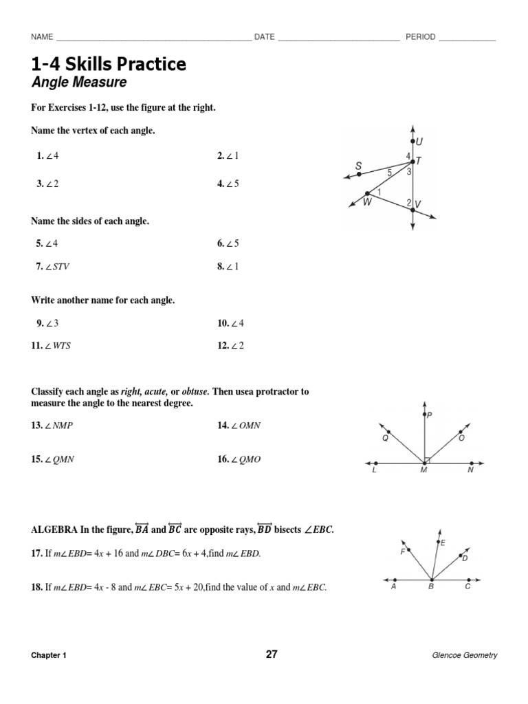 1-4 Skills Practice: Angle Measure | PDF