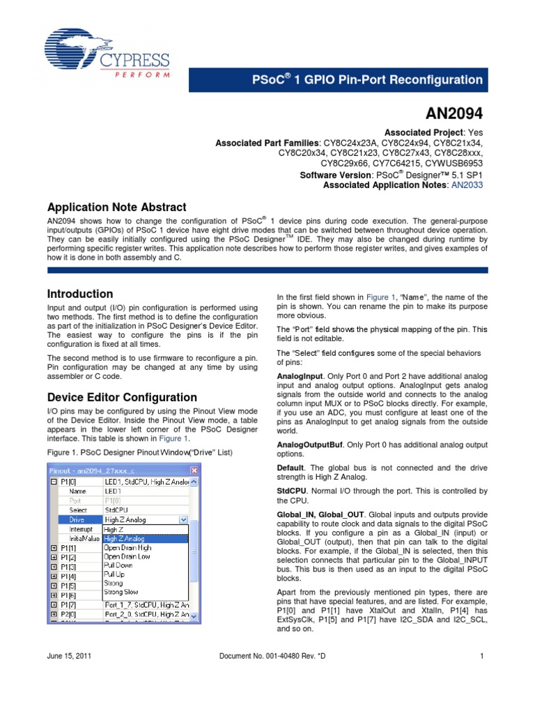 AN2094 - PSoC® 1 GPIO Pin-Port Reconfiguration | PDF | Input/Output | Areas Of Computer Science