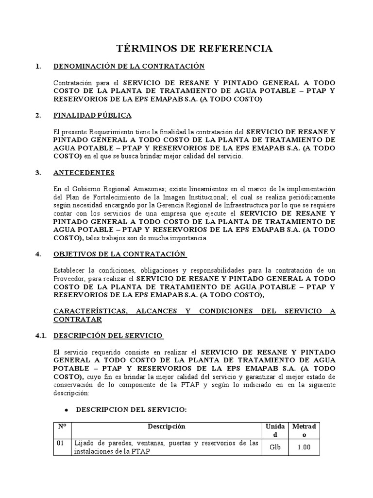 (TDR) Servicio de Resane y Pintado General A Todo Costo de La PTAP y ...