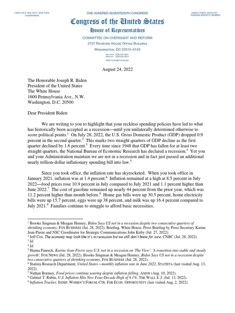 Letter To President Biden Regarding Recession | PDF | Recession | Inflation