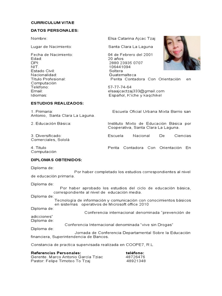 Curriculum Vitae de Elsa Ajcac Tzaj | PDF | Crecimiento personal y ...