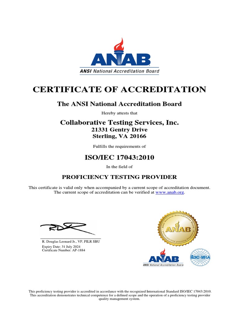 Certificado de Acreditación Collaborative Testing Services Inc | PDF ...