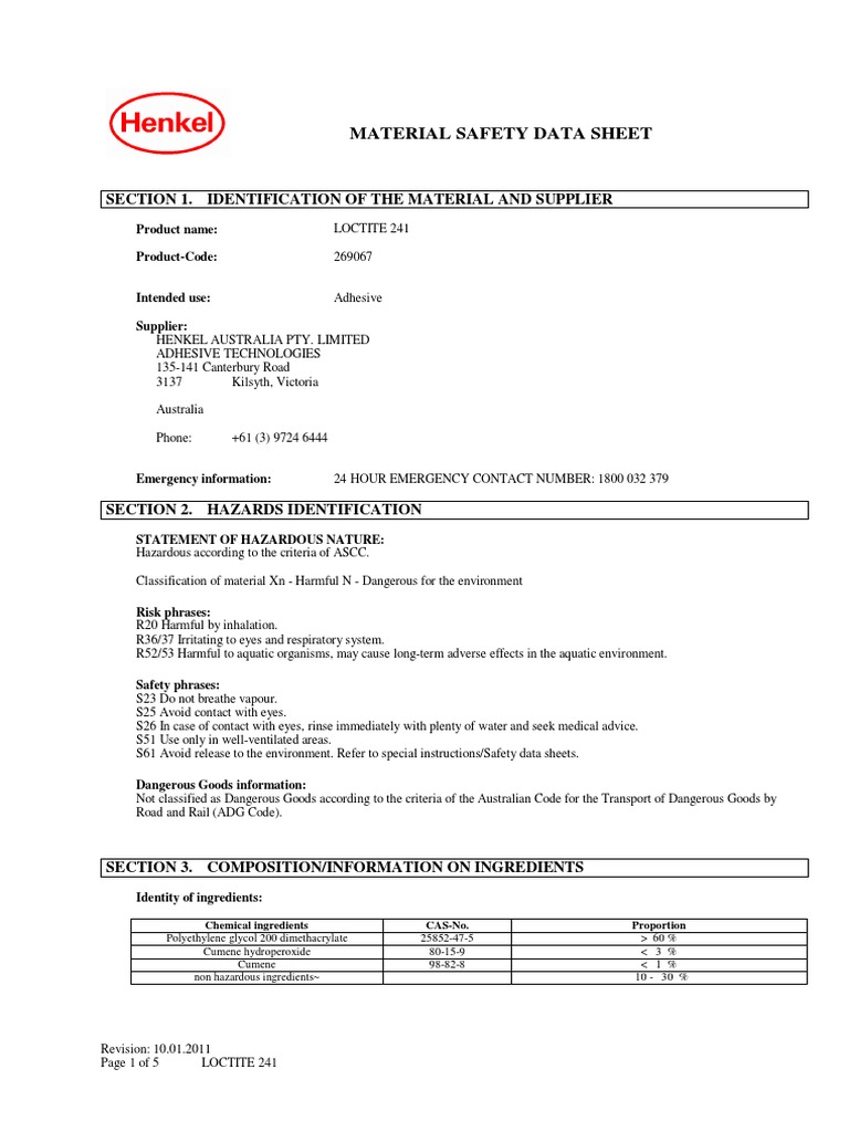 Material Safety Data Sheet: Section 1. Identification of The Material and Supplier | PDF ...