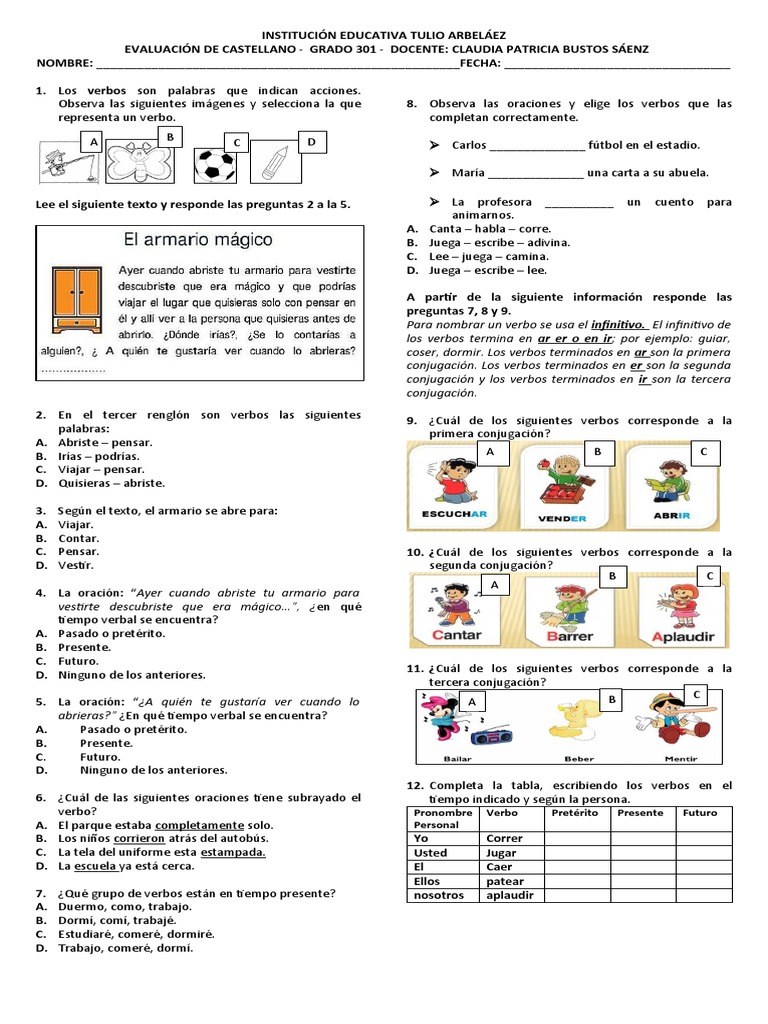 Evaluación de Verbos para Tercer Grado | PDF | Verbo | Lingüística