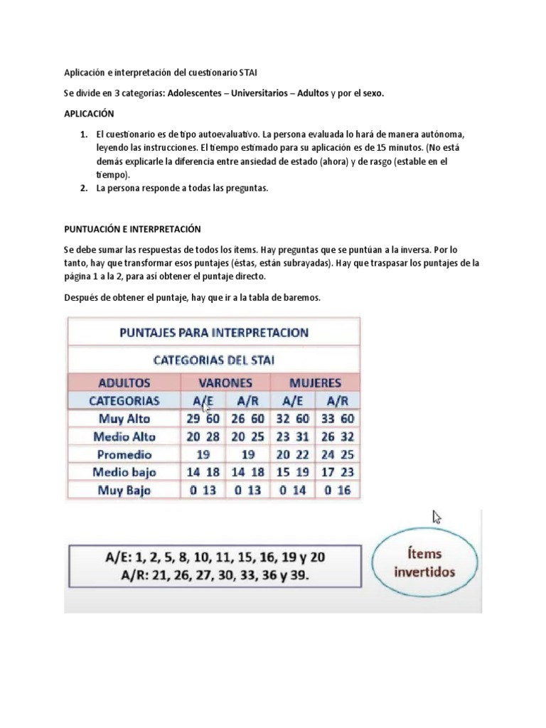 Aplicación e Interpretación Del Cuestionario STAI | PDF
