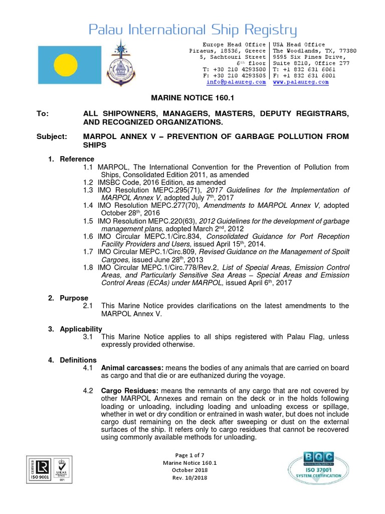 MN 160 1 Marpol Annex V Prevention of Garbage Pollution From Ships ...