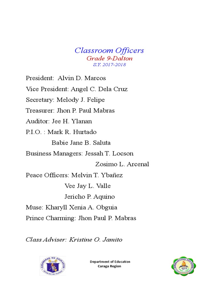 Classroom Officers: Grade 9-Dalton | PDF