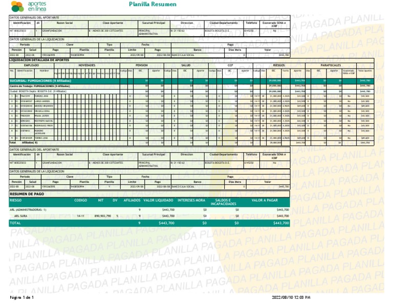 Arl F Planilla Tipo y Pagada Julio 2022 Arl Sep | PDF | Servicios ...