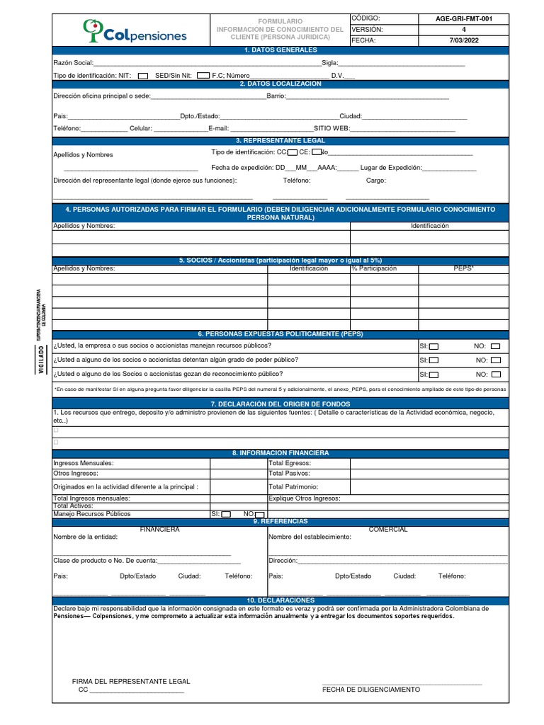 Formulario Información de Conocimiento Del Cliente - Persona Juridica | PDF | Servicio Civil ...