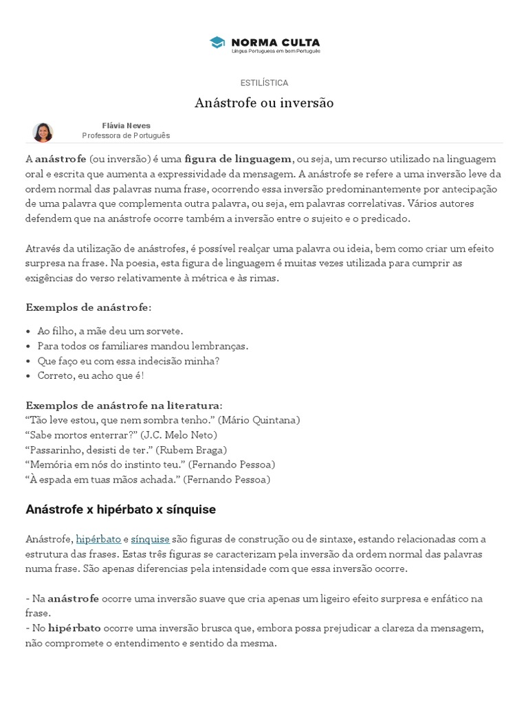 Anástrofe Ou Inversão - Norma Culta | PDF | Palavra | Linguística