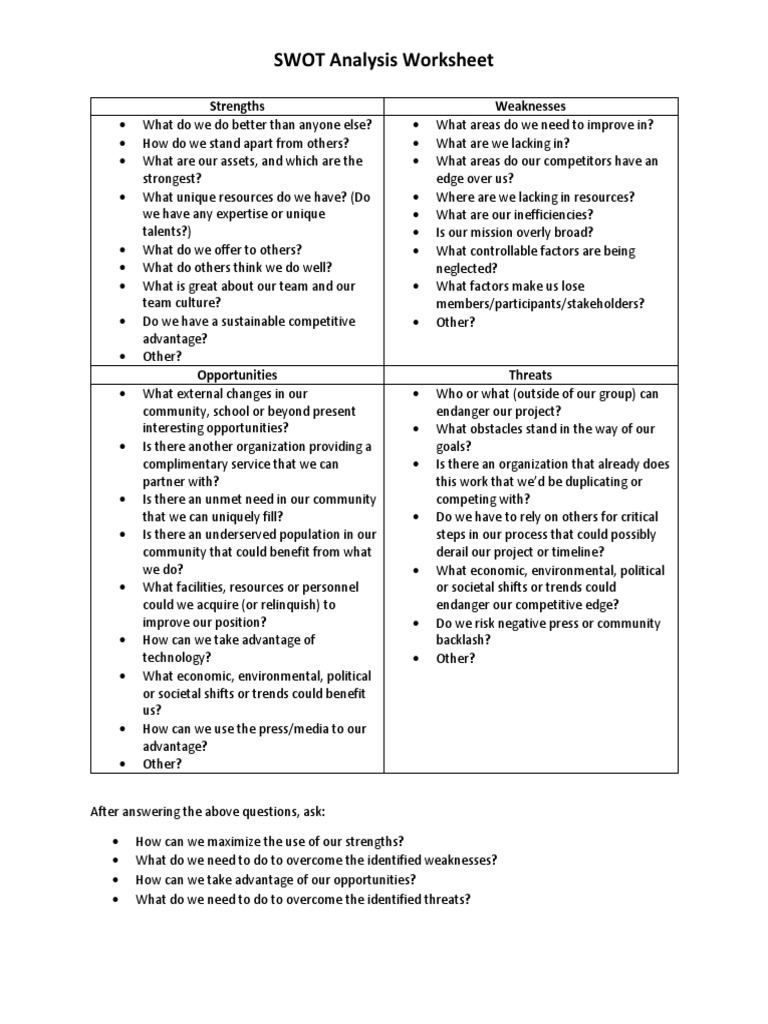 SWOT Analysis Worksheet: Strengths Weaknesses | PDF | Swot Analysis ...