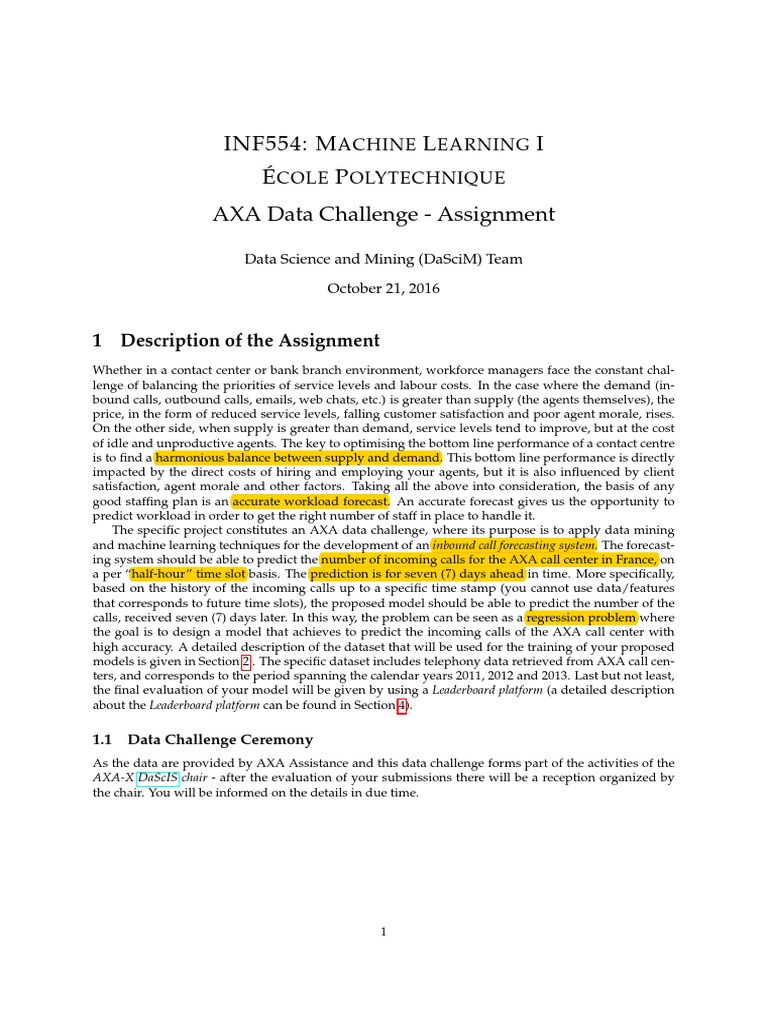 INF554: M L I E P AXA Data Challenge - Assignment: 1 Description of The Assignment | PDF | Cross ...