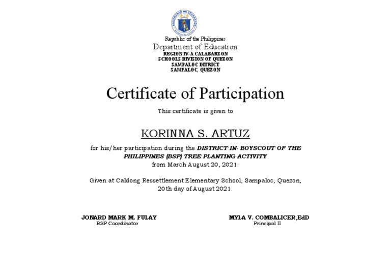 BSP Tree Planting Participation Certificate | PDF