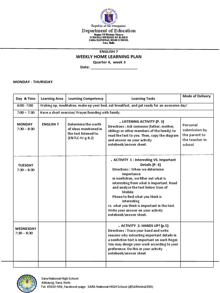 English 7 Weekly Learning Plan | PDF