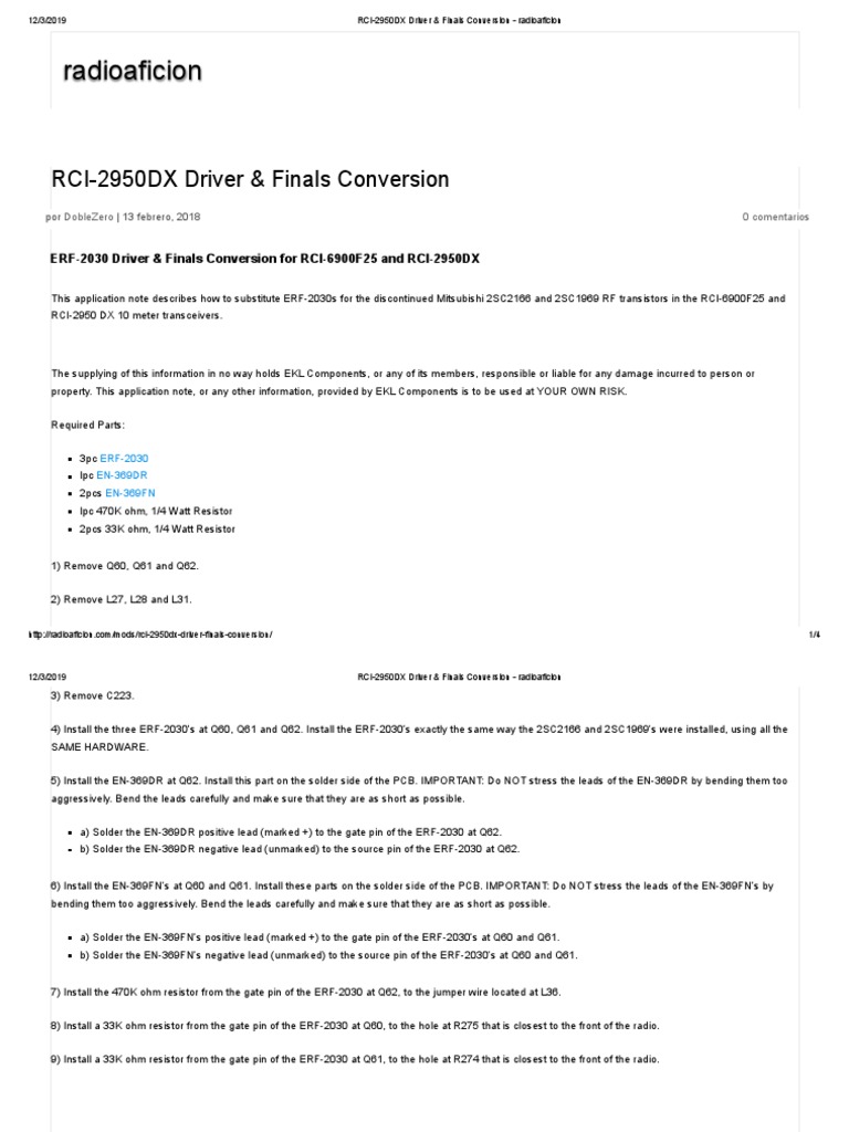 RCI-2950DX Driver & Finals Conversion - Radioaficion | PDF | Resistor | Computer Engineering