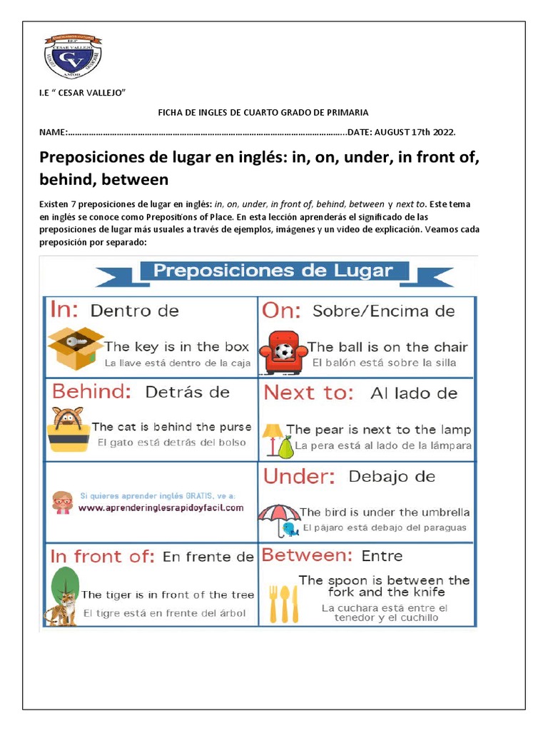 Ficha de Ingles 4to Grado Preposiciones | PDF
