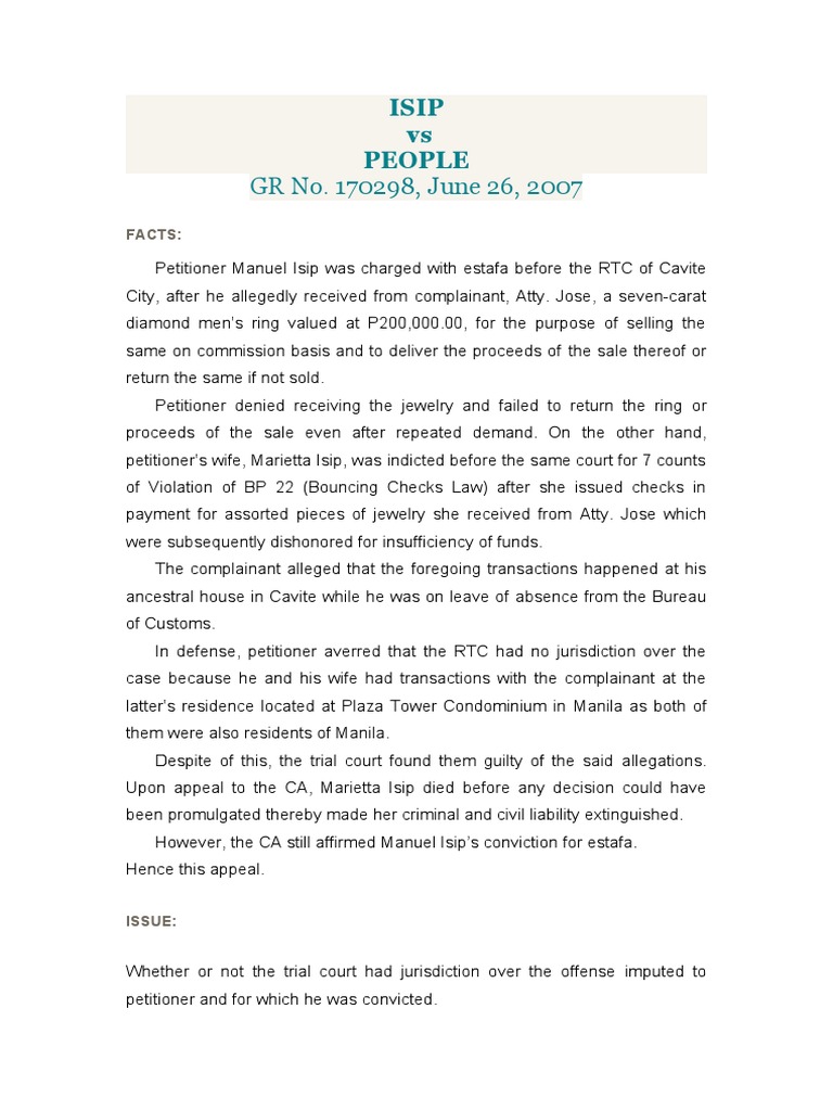 Jurisdiction in Estafa Case: Isip vs. People | PDF | Jurisdiction | Crimes