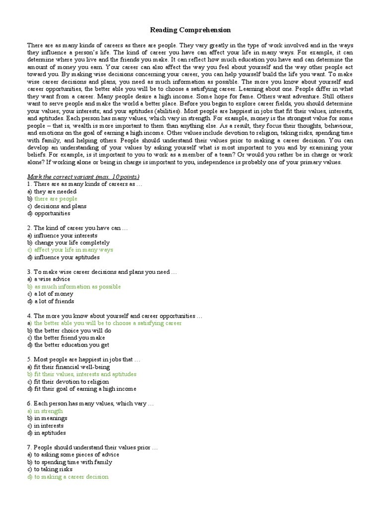 Reading Comprehension Choosing A Career Reading Comprehension Exercises ...