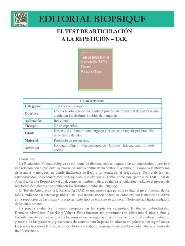 TAR-Test de Articulación Repetición | PDF | Fonema | Fonética