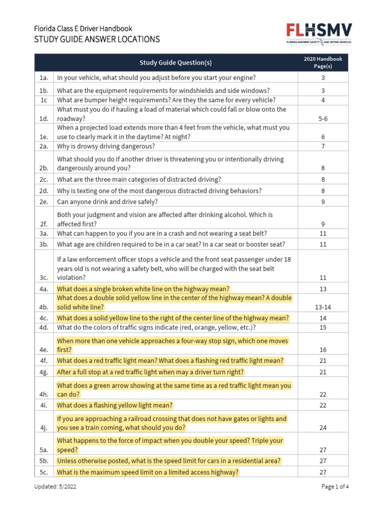 Study Guide Answer Locations: Florida Class E Driver Handbook | PDF ...