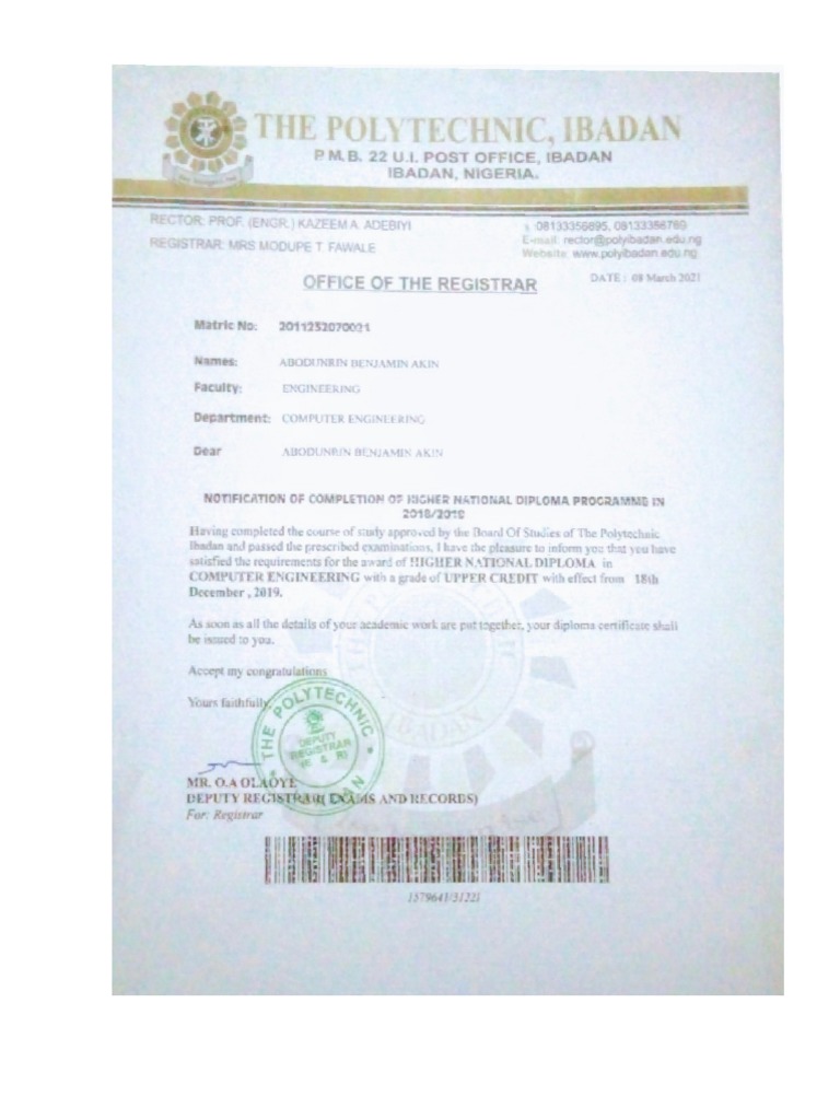 HND Certificate Abodunrin | PDF