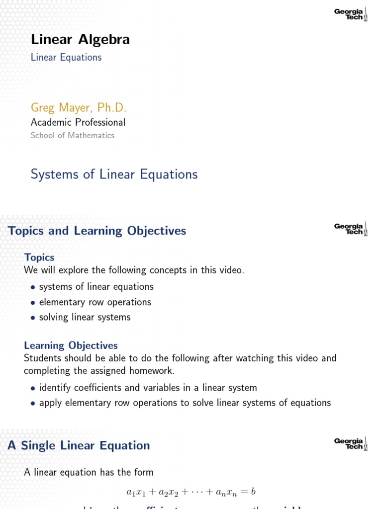 Lecture Slides Linear Algebra 1 Pdf System Of Linear Equations
