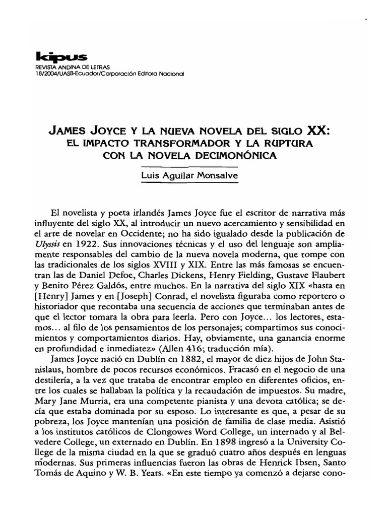 James Joyce y La Nueva Novela Del Siglo XX | PDF | James Joyce | Novelas