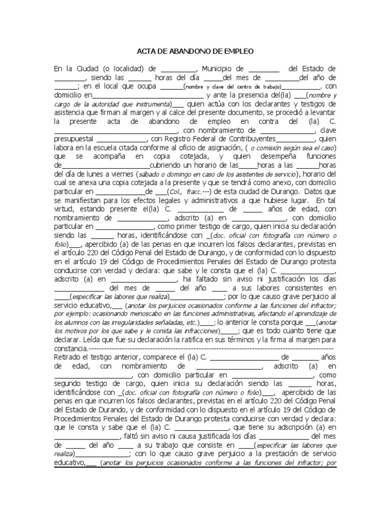 Acta De Abandono Formato Pdf Justicia Crimen Y Violencia