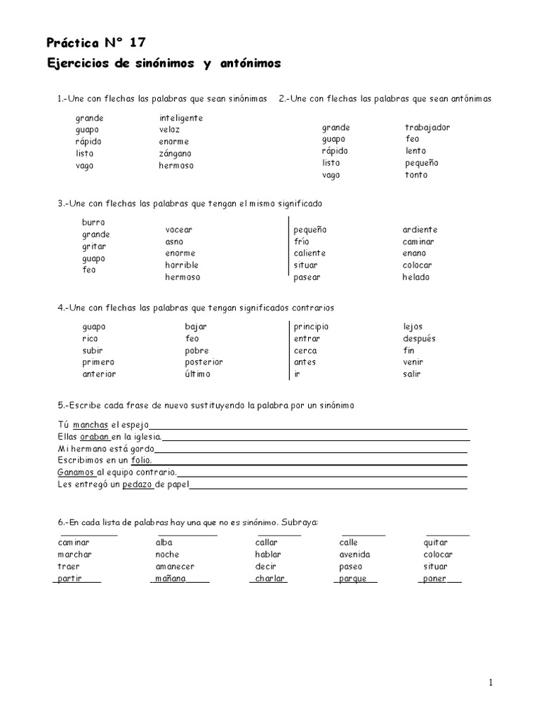 00 - Ejercicios - Sinonimos - Antonimos - 1ero Sec - Imp | PDF