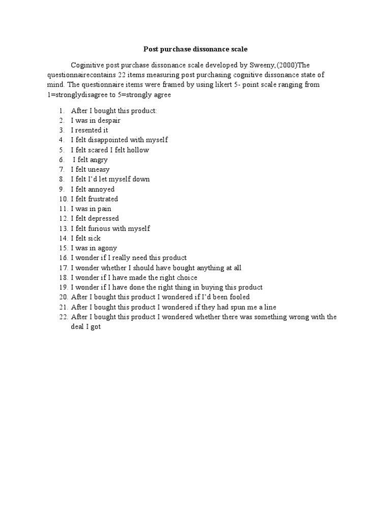 Post Purchase Dissonance Scale Questionnaire | PDF