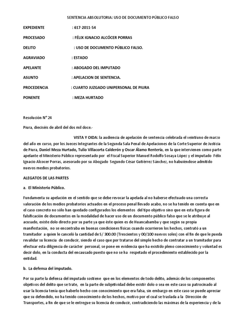 SENTENCIA ABSOLUTORIA - Uso de Documento Publico Falso | PDF ...