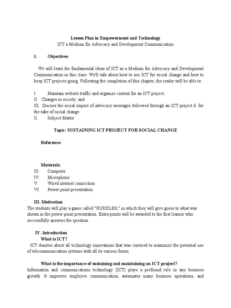 Lesson Plan - Sustaining The Ict Project For Social Change | PDF ... Lesson Plan - Sustaining The Ict Project For Social Change | PDF ...