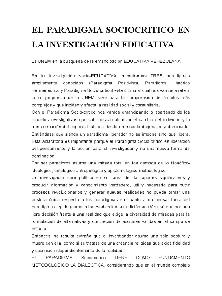 El Paradigma Sociocritico en La Investigación Educativa | PDF ...