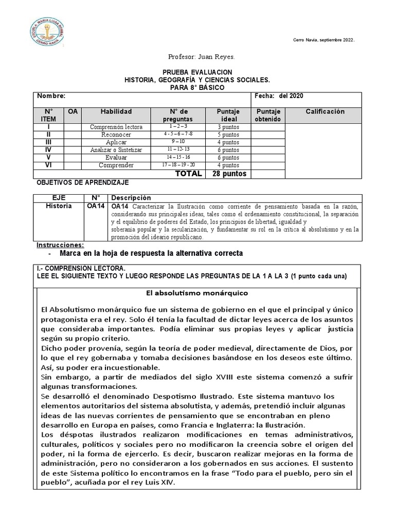Prueba - Historia.8vo. BASICO | PDF | Era de iluminacion | Razón